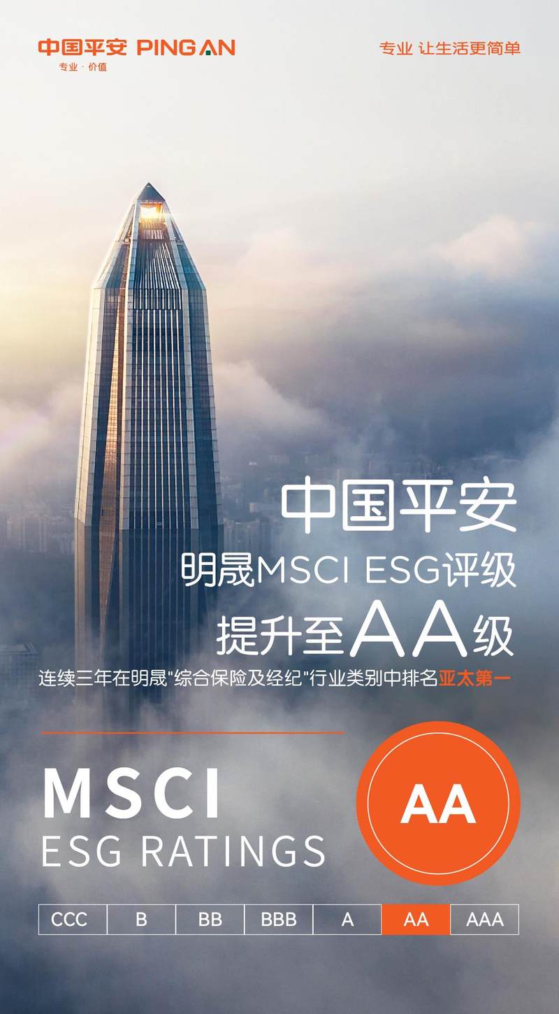 中国平安MSCI ESG评级升至AA级，连续三年位列“综合保险及经纪”亚太区第一-蓝鲸财经
